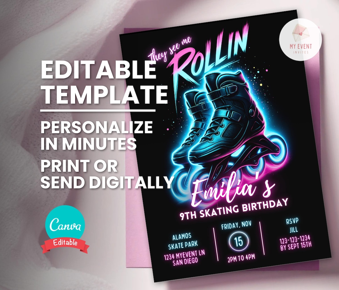 Rollerblade Party Invitation, Neon Skate Birthday Party, Editable ...