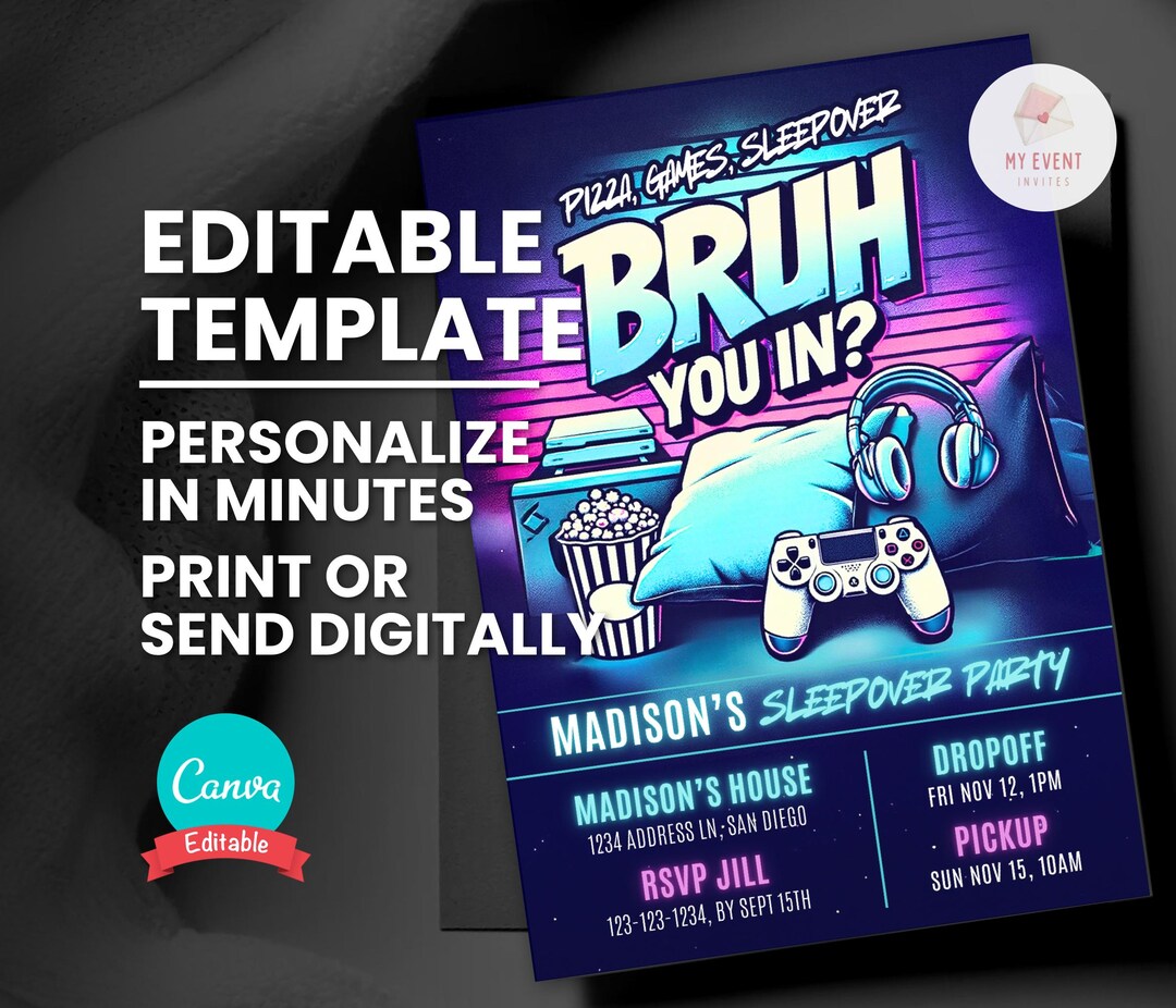 Bruh Sleepover Invitation, Boys Night or Video Game Weekend Digital ...