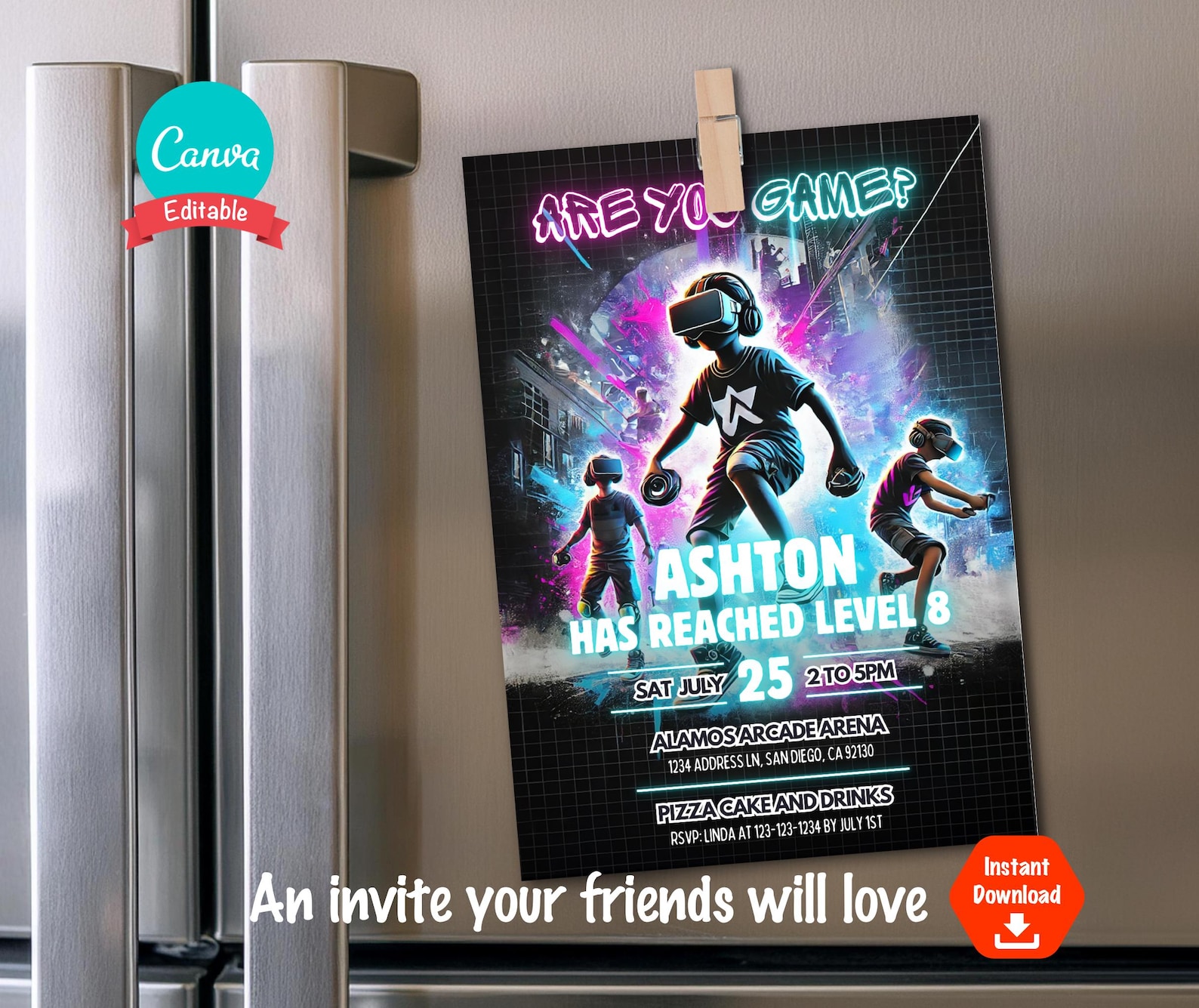 VR Birthday Invitation, Gamer Party Invite, Any Age Video Game Editable ...