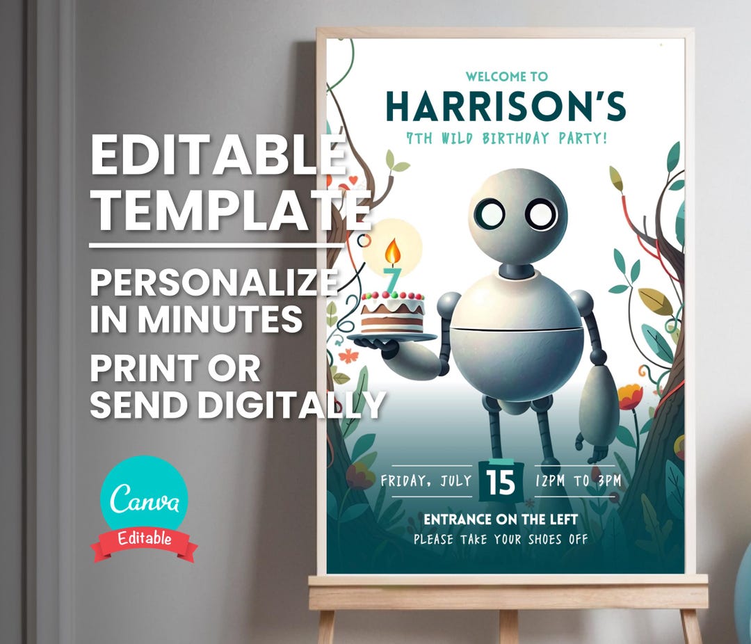 Robot Party Welcome Sign, Robot Birthday Party, 24x36” Editable Digital ...