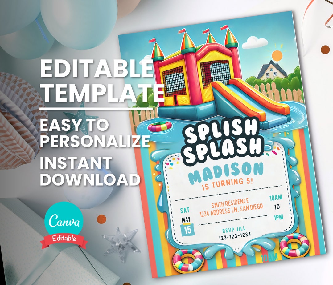 Bounce House Water Slide Birthday Invitation for Jumper Waterslide ...