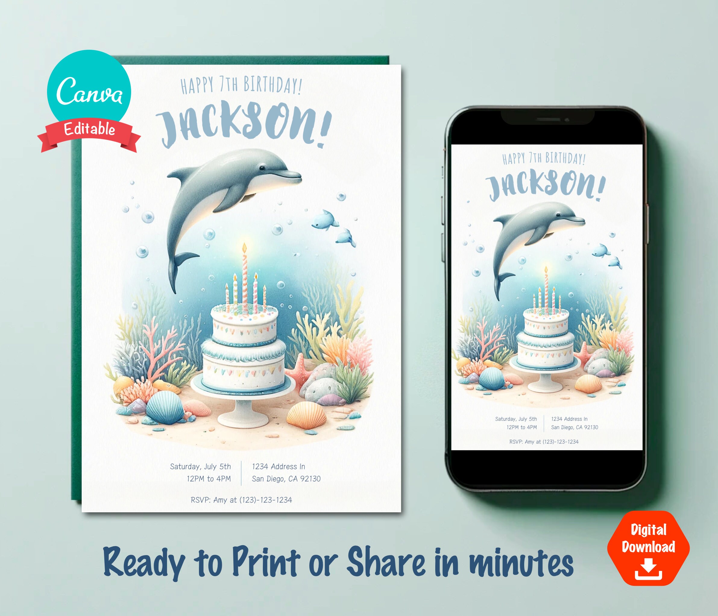 Editable Dolphin Birthday Invitation Card for Kids Birthday Party ...