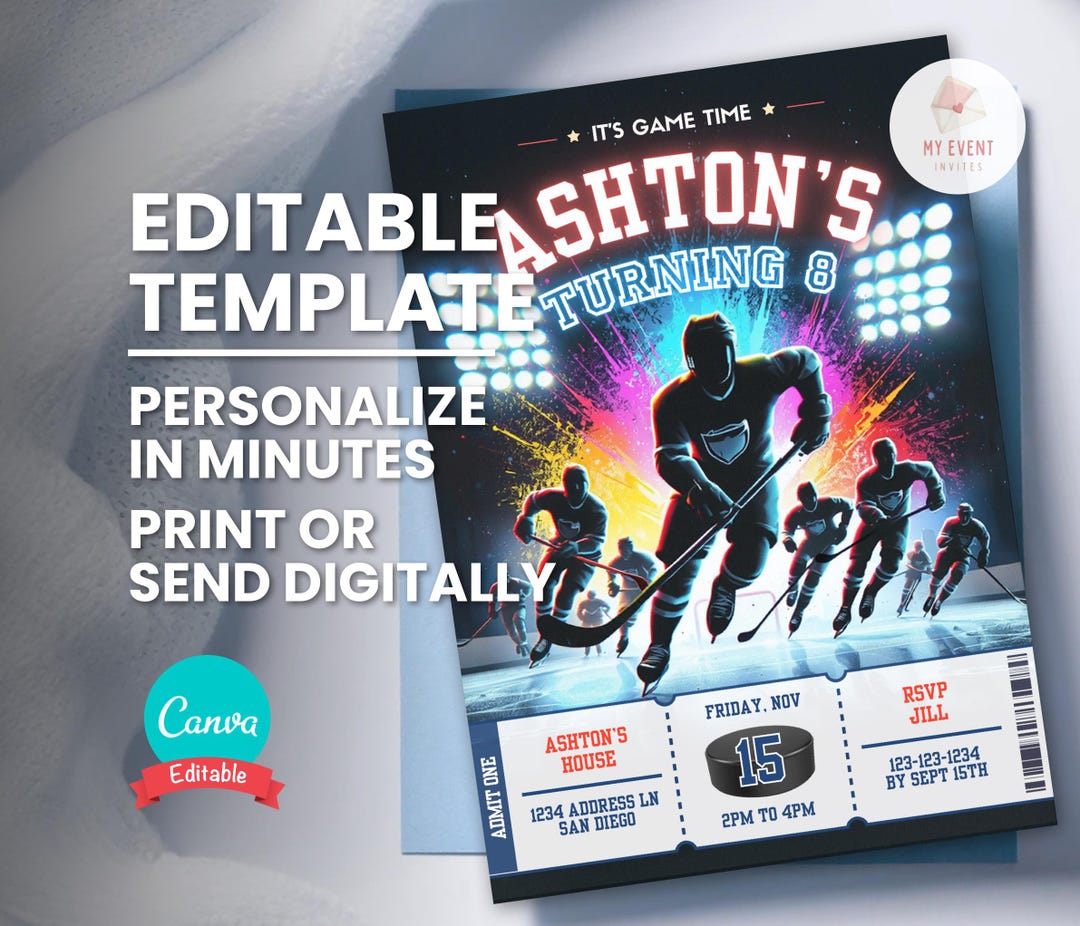Hockey Birthday Invitation, Athlete Player, Editable Digital Template ...