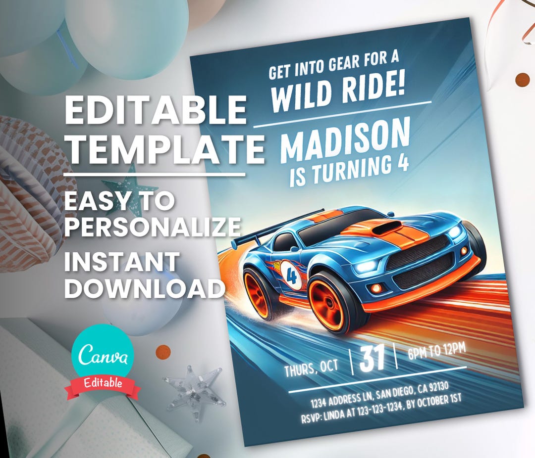 Racing Party Invitation for Race Car Birthday Party, Editable Age on ...