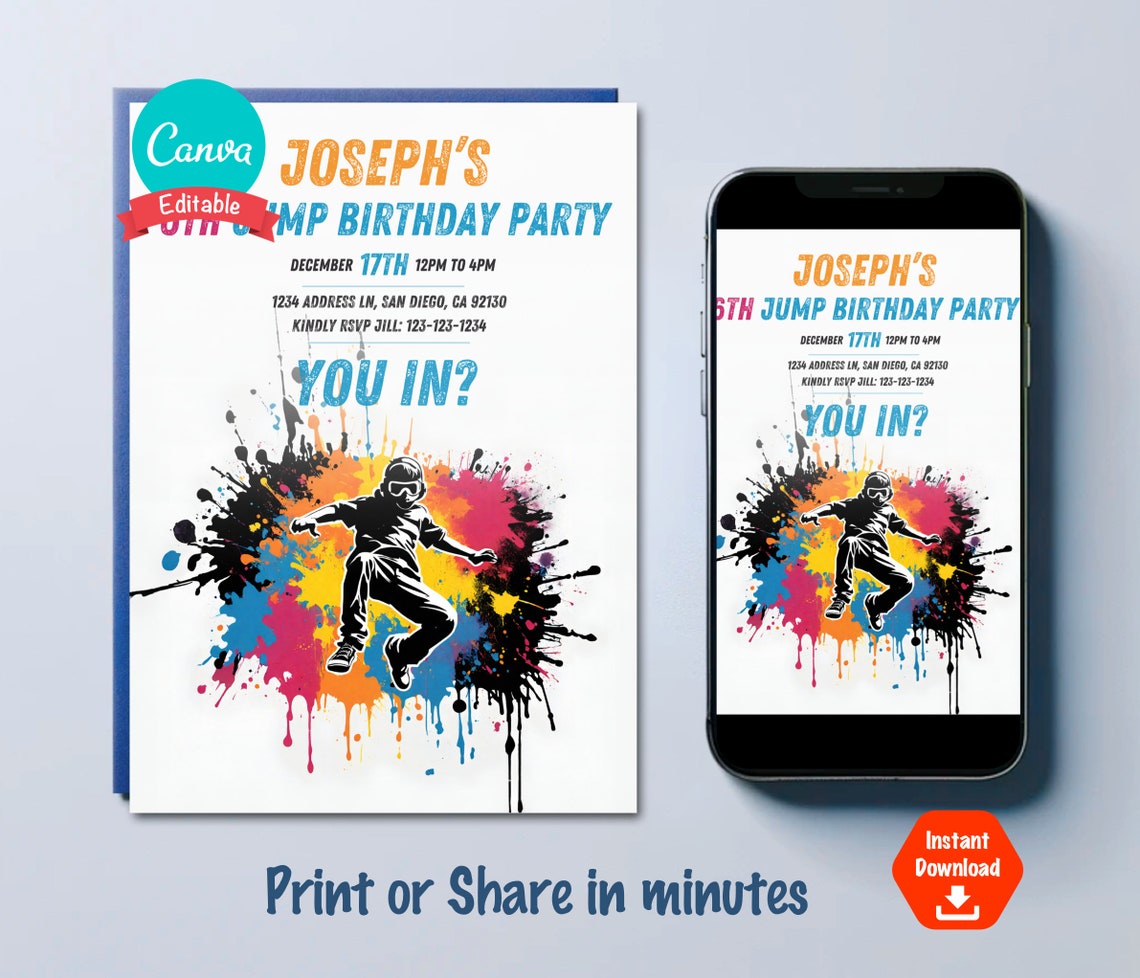 Jump Birthday Invitation for Trampoline Party Invite for Parkour ...