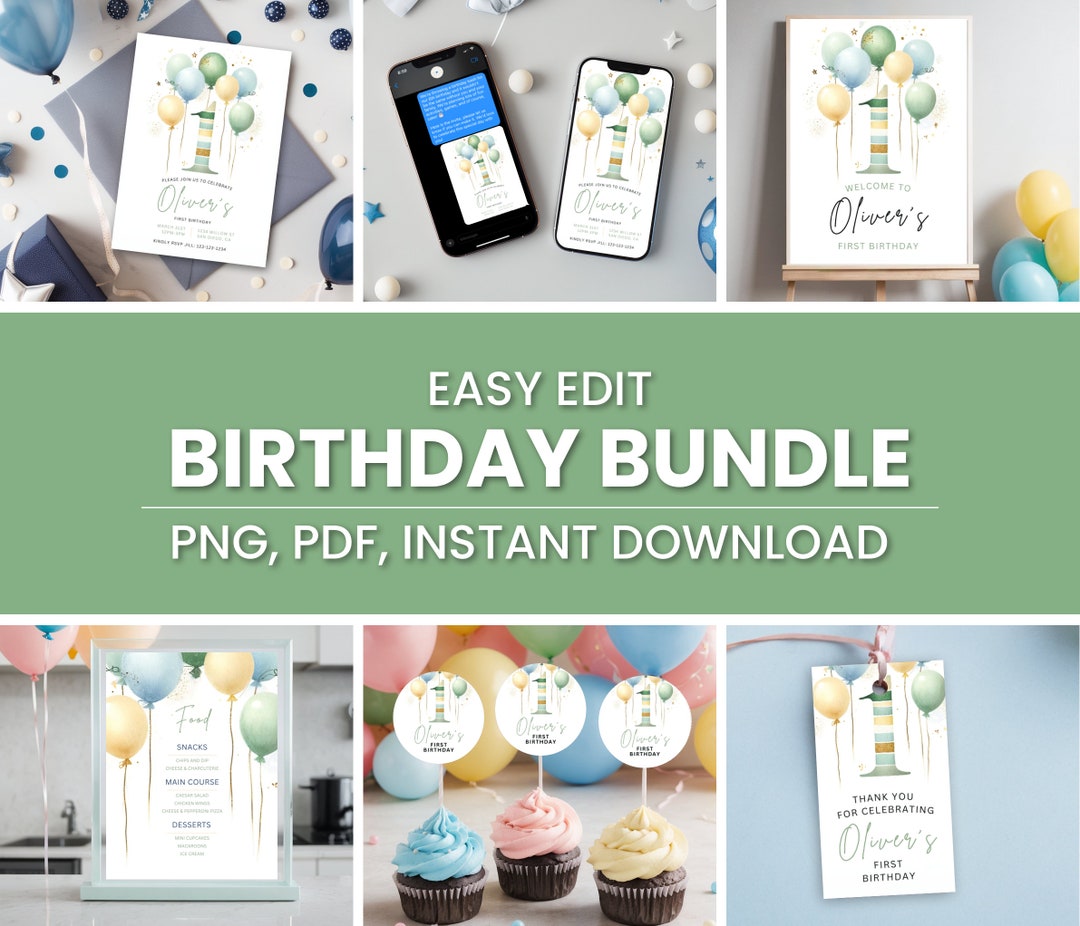 Editable First Birthday Bundle for Newborn Birthday Balloon Birthday ...