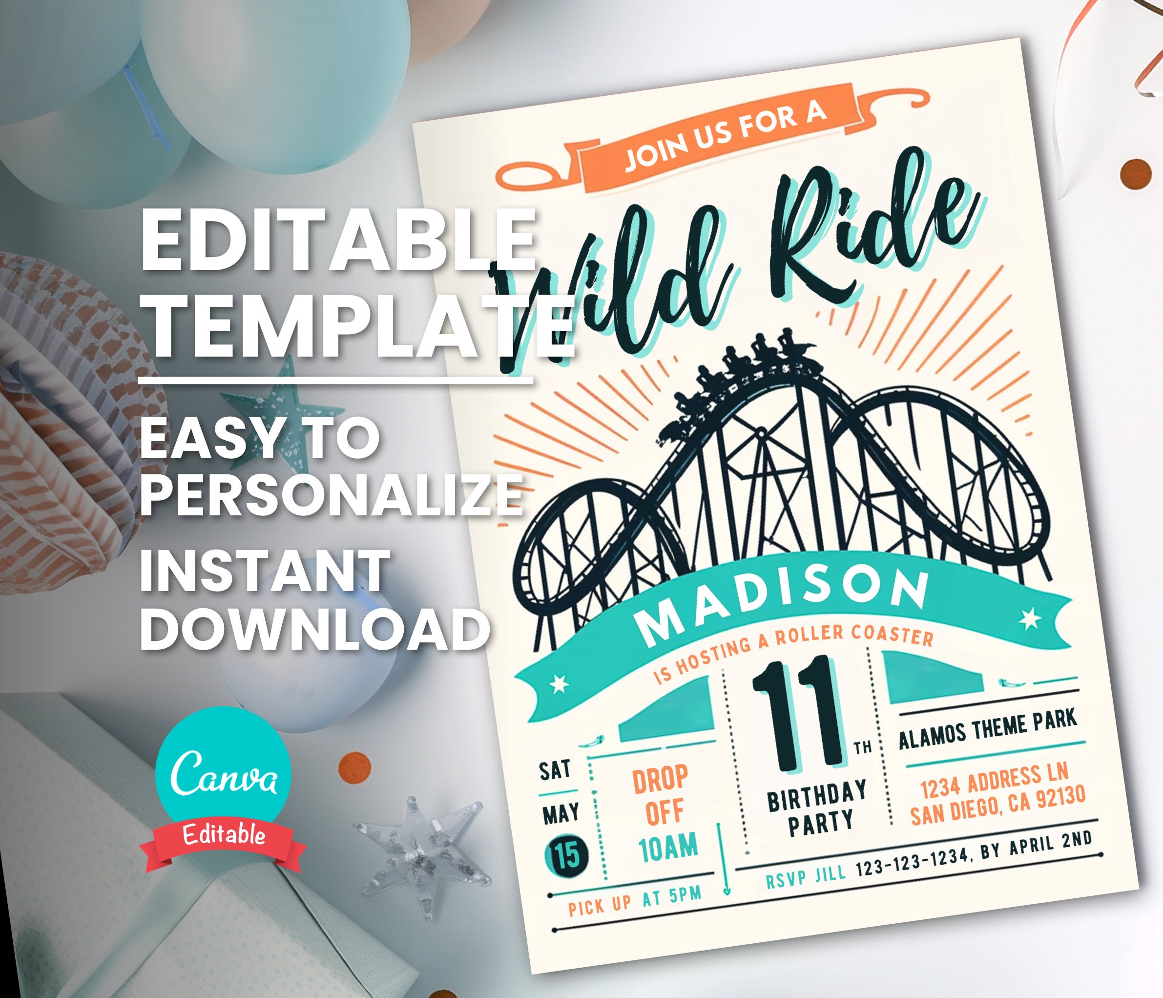 Roller Coaster Invite for Amusement Park Birthday Party Invitation, Roller Coaster Birthday ...