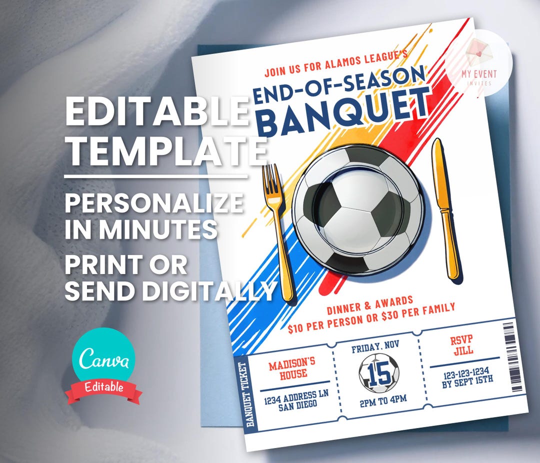 Soccer Banquet Invitation, Editable Theme Soccer Banquet Invite, Sport ...