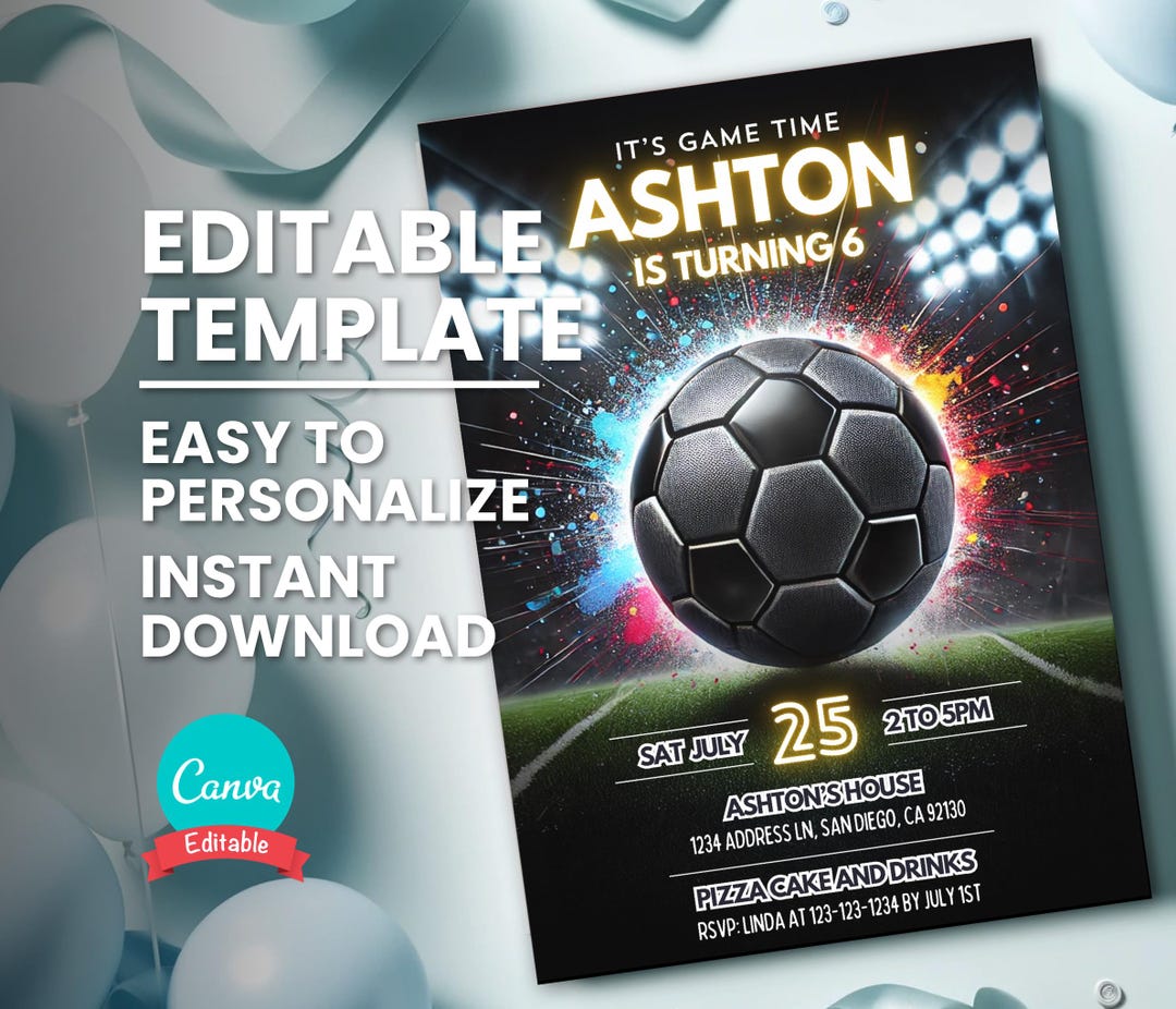 Soccer Invitation for Soccer Birthday Game or Match, Youth Soccer Party ...