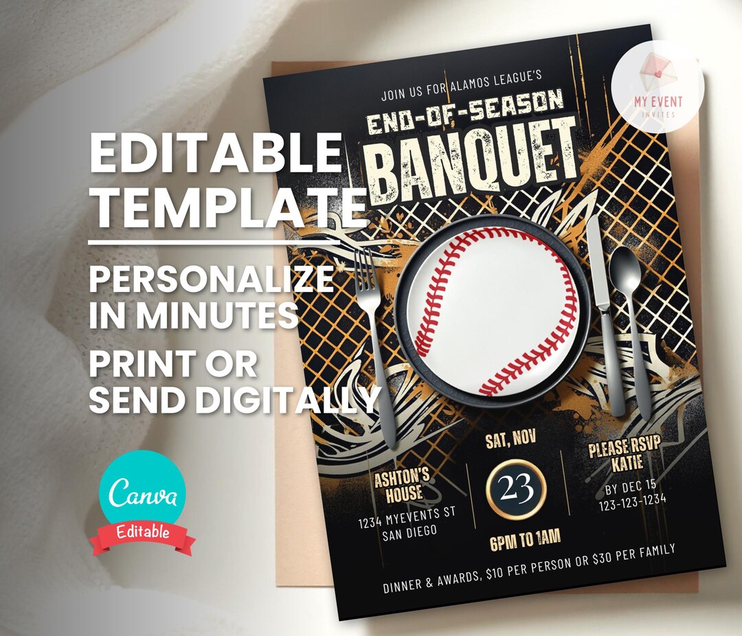 Baseball End of Season Banquet Invitation, Sports Team Dinner Invite ...