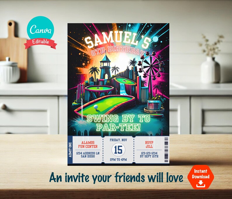 Miniature Golf Birthday Invitation, Glow Mini Golf Party Invite ...