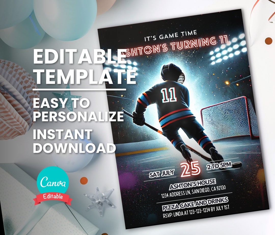Hockey Birthday Invitation, Editable Age, Hockey Player Birthday Party ...