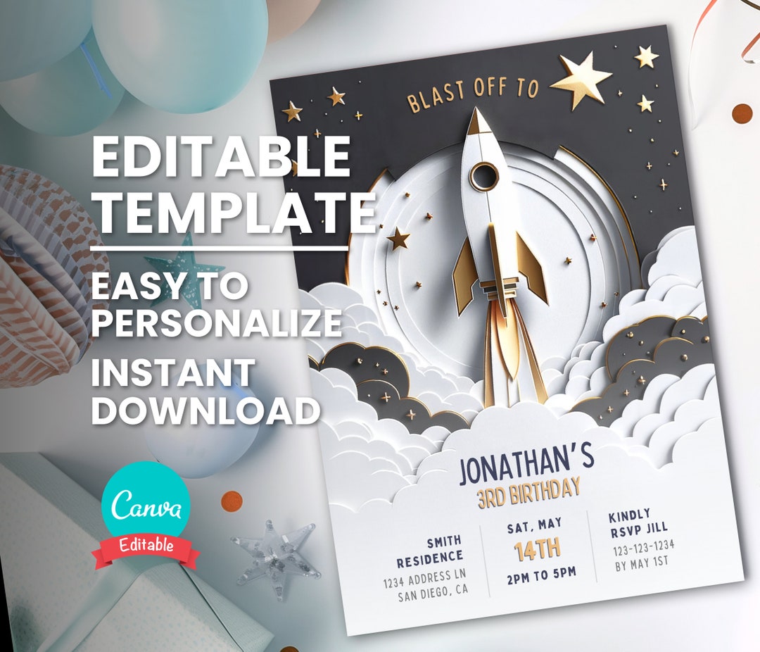 Rocket Birthday Invitation, Blast off Invite, Outer Space Party ...