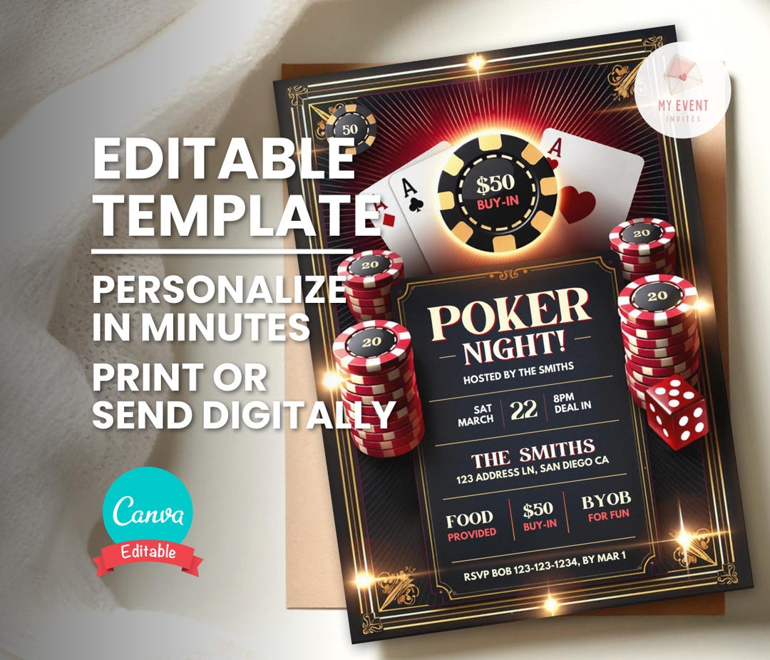 Poker Invitation, Casino Game Night Party Invite for Birthday or ...