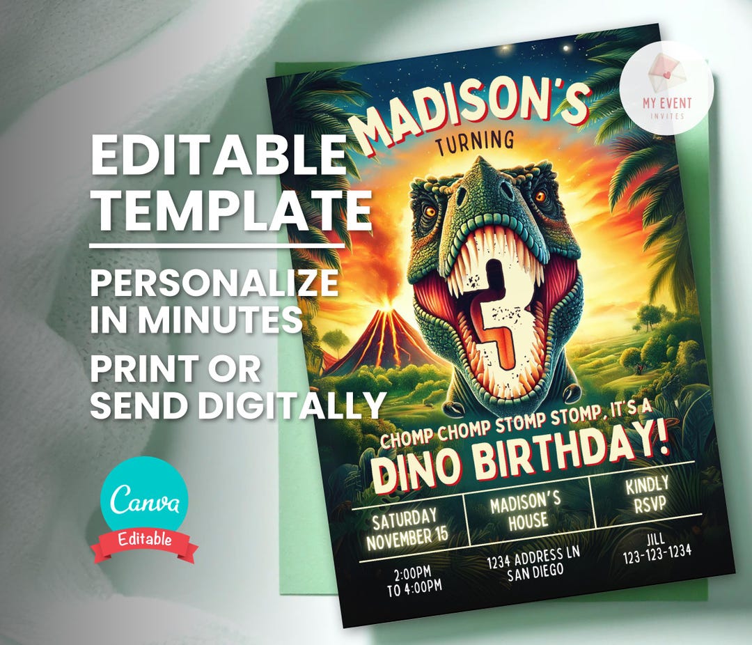 T Rex Birthday Invitation, Editable Ages 1-9, T-rex Dino Party Invite ...
