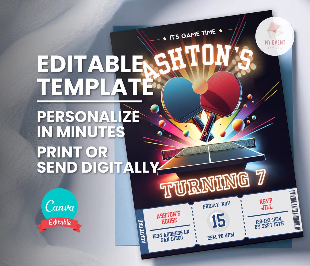 Table Tennis Birthday Invitation, Ping Pong Ticket Invite, Any Age ...