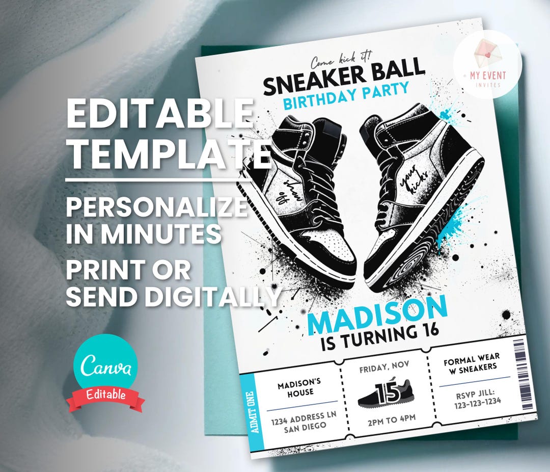 Sneaker Ball Invitation, Graffiti Sneaker Birthday Party Ticket Invite ...
