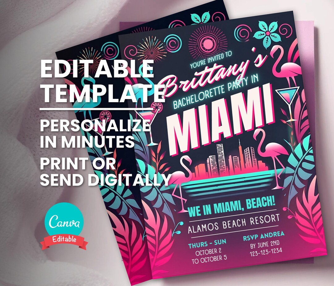 Miami Bachelorette Invitation Set, Neon Miami Bach Party Invite ...