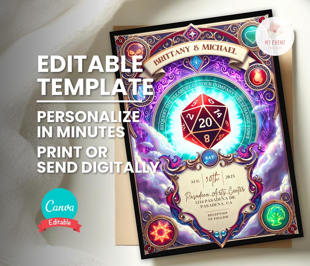 Magic Wedding Invitation, TCG Wedding Invite, D20 Board Game Editable ...