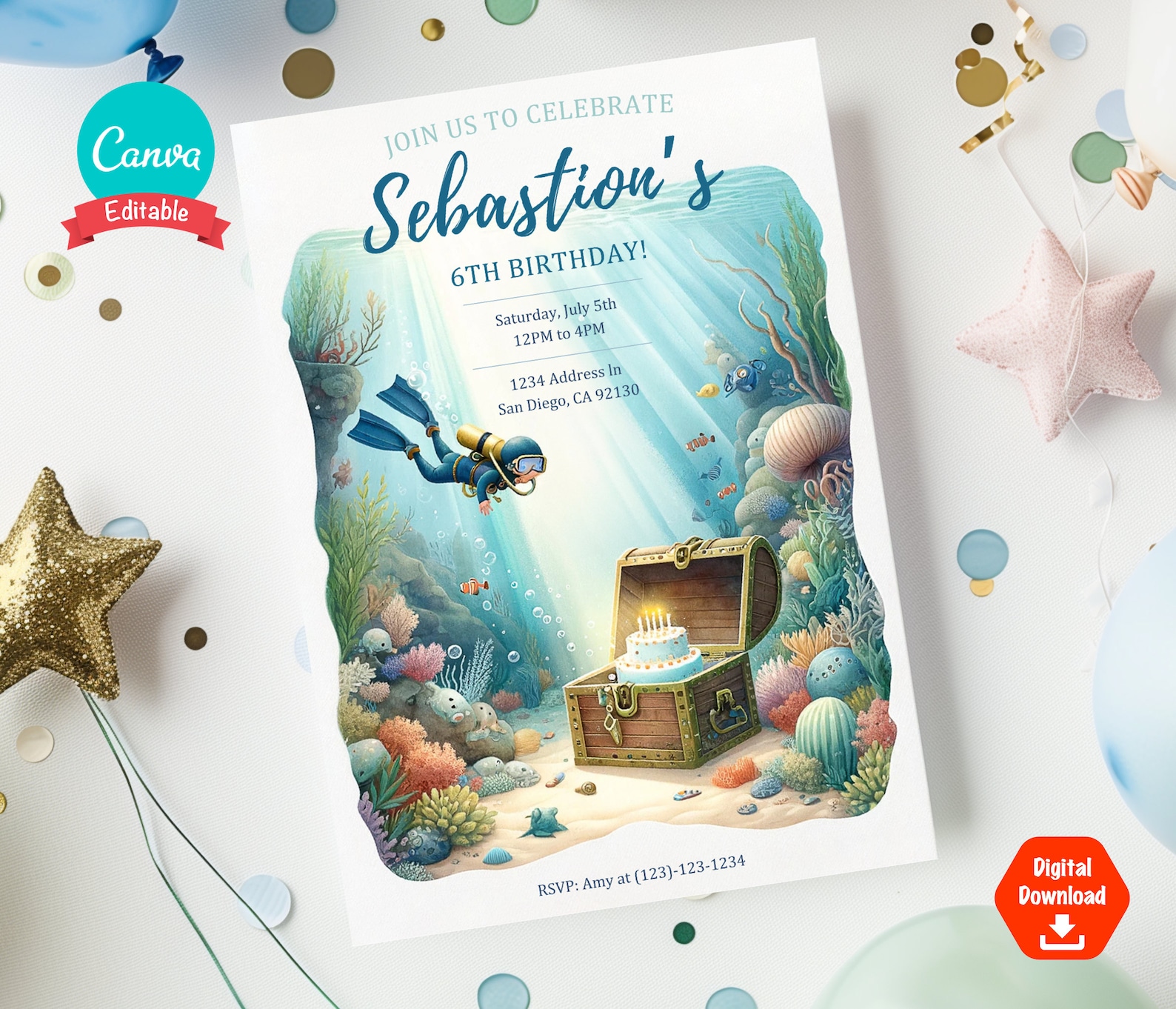 Scuba Diver Birthday Party Invitation Underwater Treasure Theme Instant ...