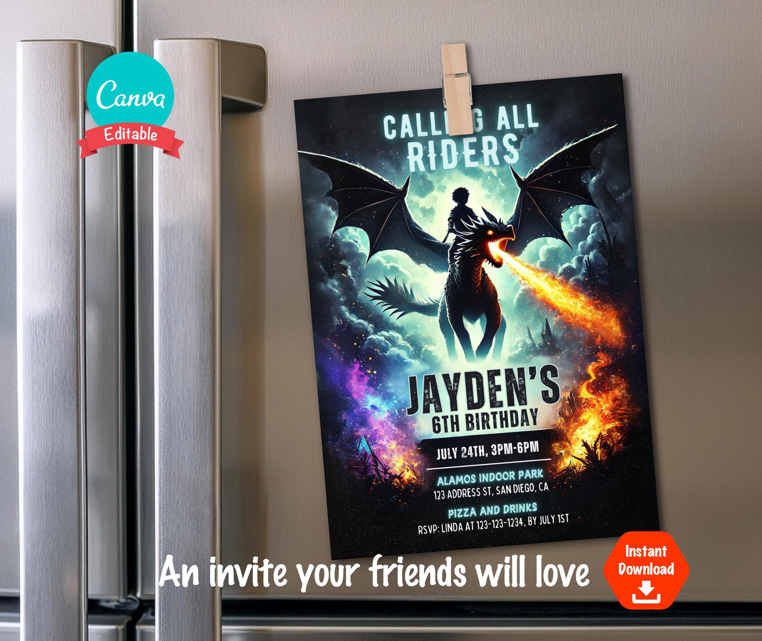 Fantasy Dragon Birthday Party Invitation Card, Calling All Riders ...