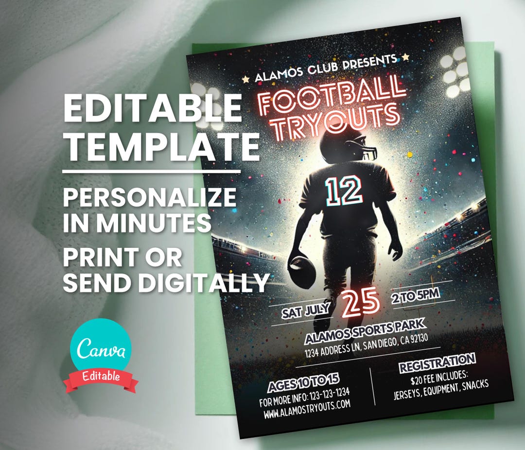 Football Tryout Invitation, Football Game or Match Invite, Editable ...