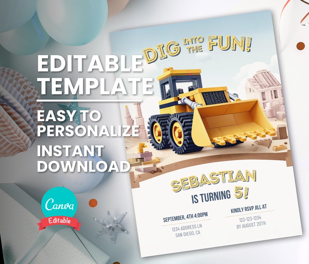 Construction Truck Birthday Invitation, Editable Template (5x7" PDF) - Etsy