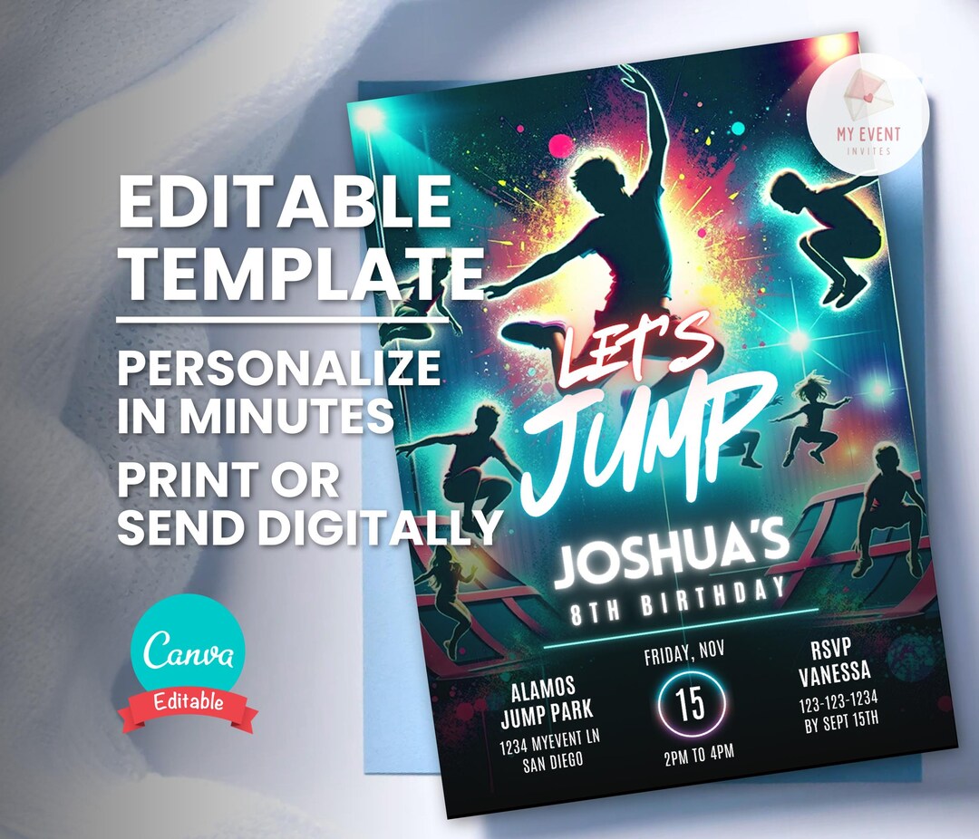 Trampoline Birthday Invitation, Let's Jump Park Party Invite, Teen ...