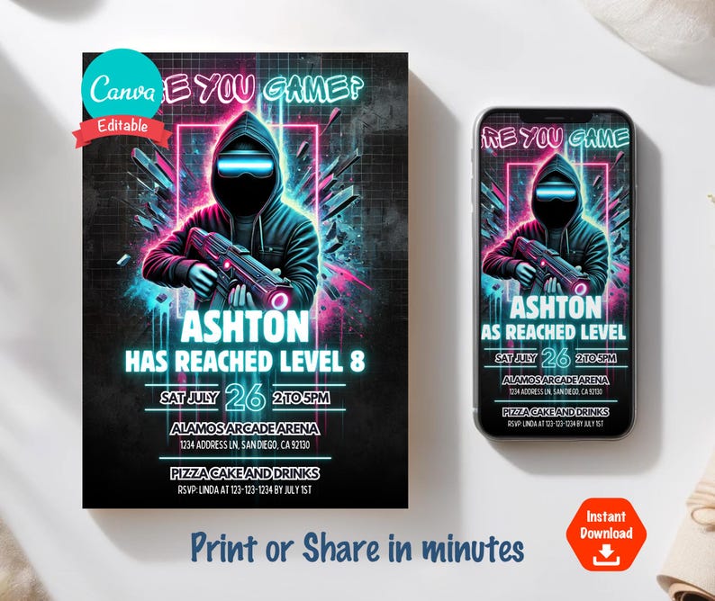 VR Birthday Invitation, Gamer Party Invite, Any Age Video Game Editable ...