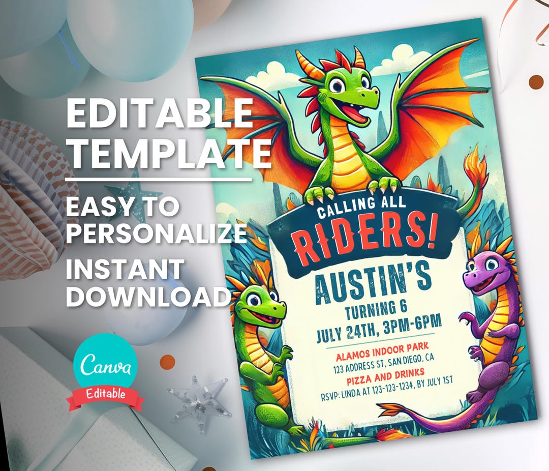 Dragon Birthday Party Invitation, Calling All Riders, Editable Birthday ...
