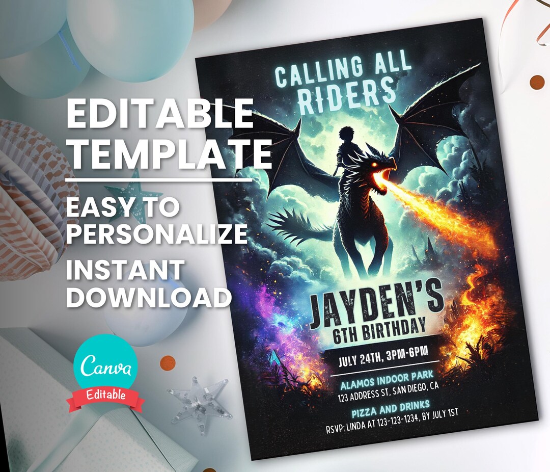 Fantasy Dragon Birthday Party Invitation Card, Calling All Riders ...