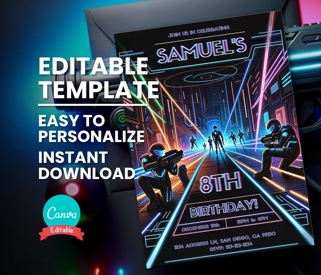Editable Laser Tag Birthday Invite for Futuristic Birthday Party ...