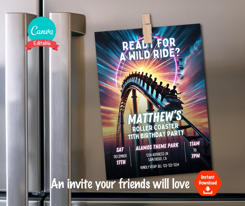 Amusement Park Invite for Rollercoaster Birthday Party Invitation ...