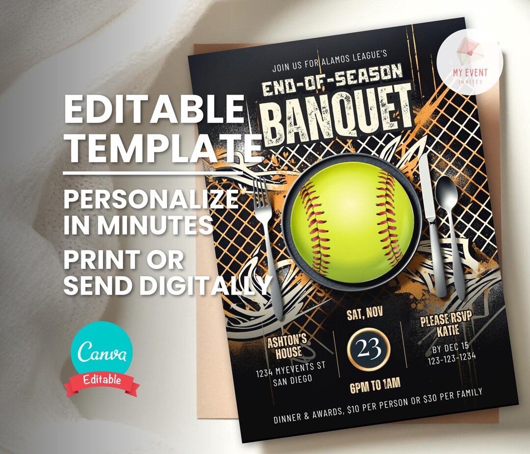 Softball End of Season Banquet Invitation, Sports Team Dinner Invite ...