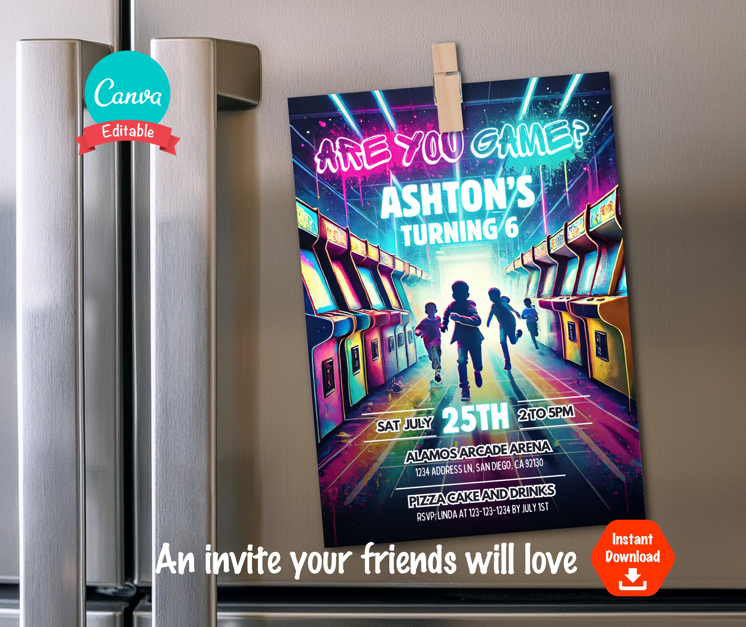 Arcade Birthday Party Invite for Boy Video Arcade Birthday, Neon Game ...