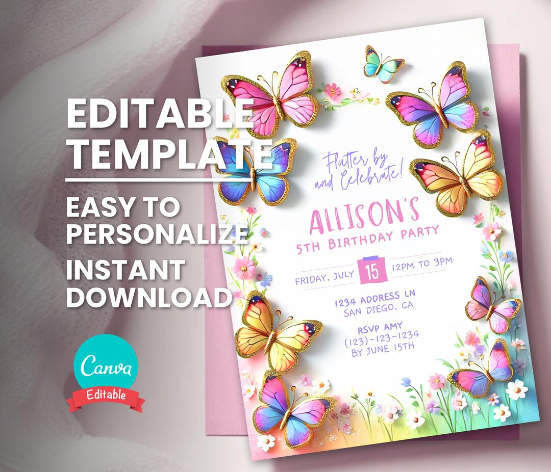 Butterfly Birthday Invitation, Rainbow Wildflower Field, Any Age ...