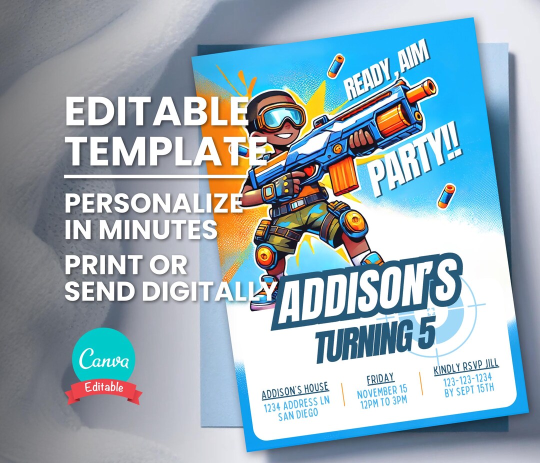 Dart Gun Birthday Invitation, Any Age Blaster Theme, Swimming Pool ...