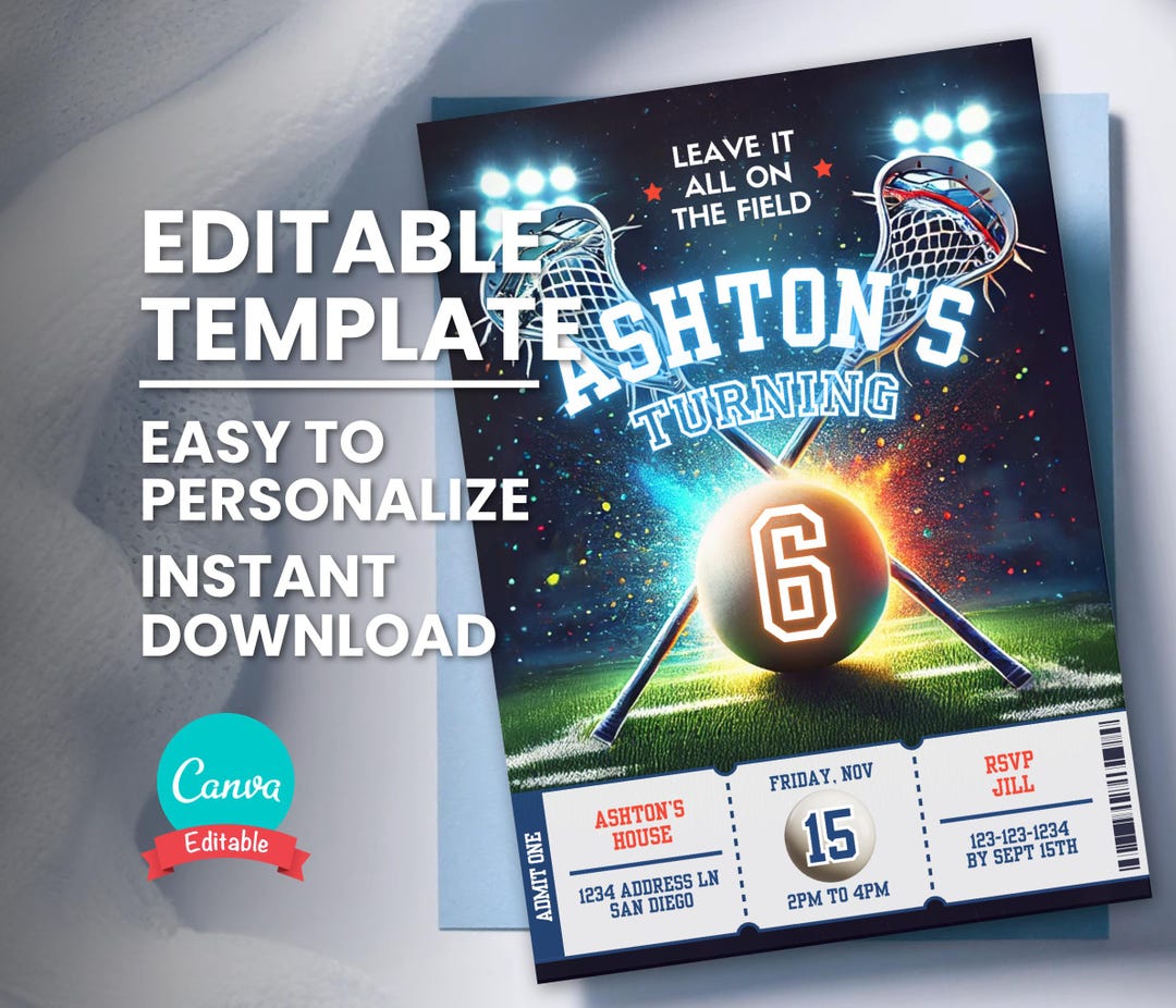 Lacrosse Birthday Invitation, Editable Any Age Lacrosse Ticket Birthday ...