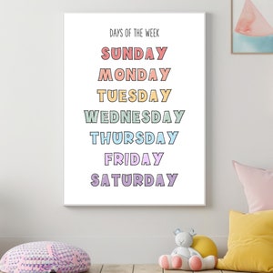 Days of the Week Digital Print, Classroom Wall Poster for Kindergarten ...