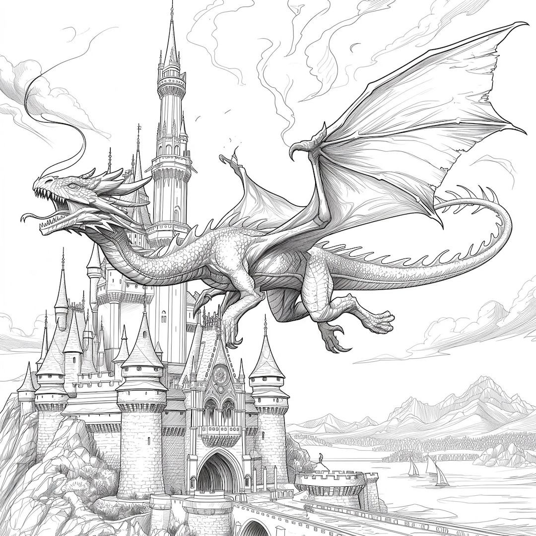 Majestic Dragon Flying Over a Castle Breathing Fire Coloring Page for ...