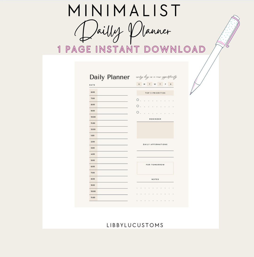 Minimalist Daily Planner Printable, 24 Hour Daily Planner, Minimal ...