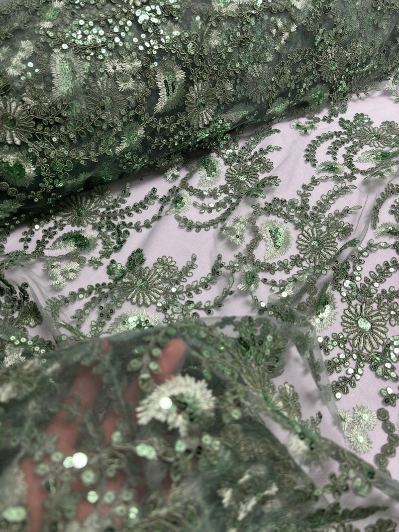 Sage French Corded Design-embroider With Sequins on A Mesh Lace Fabric ...