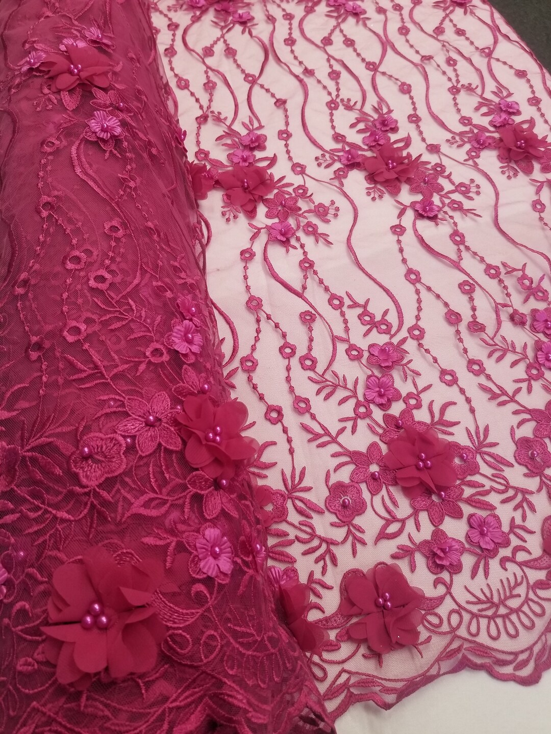 Fuschia 3D Embroidered Satin Floral Wedding Lace Fabric - Sold by the ...