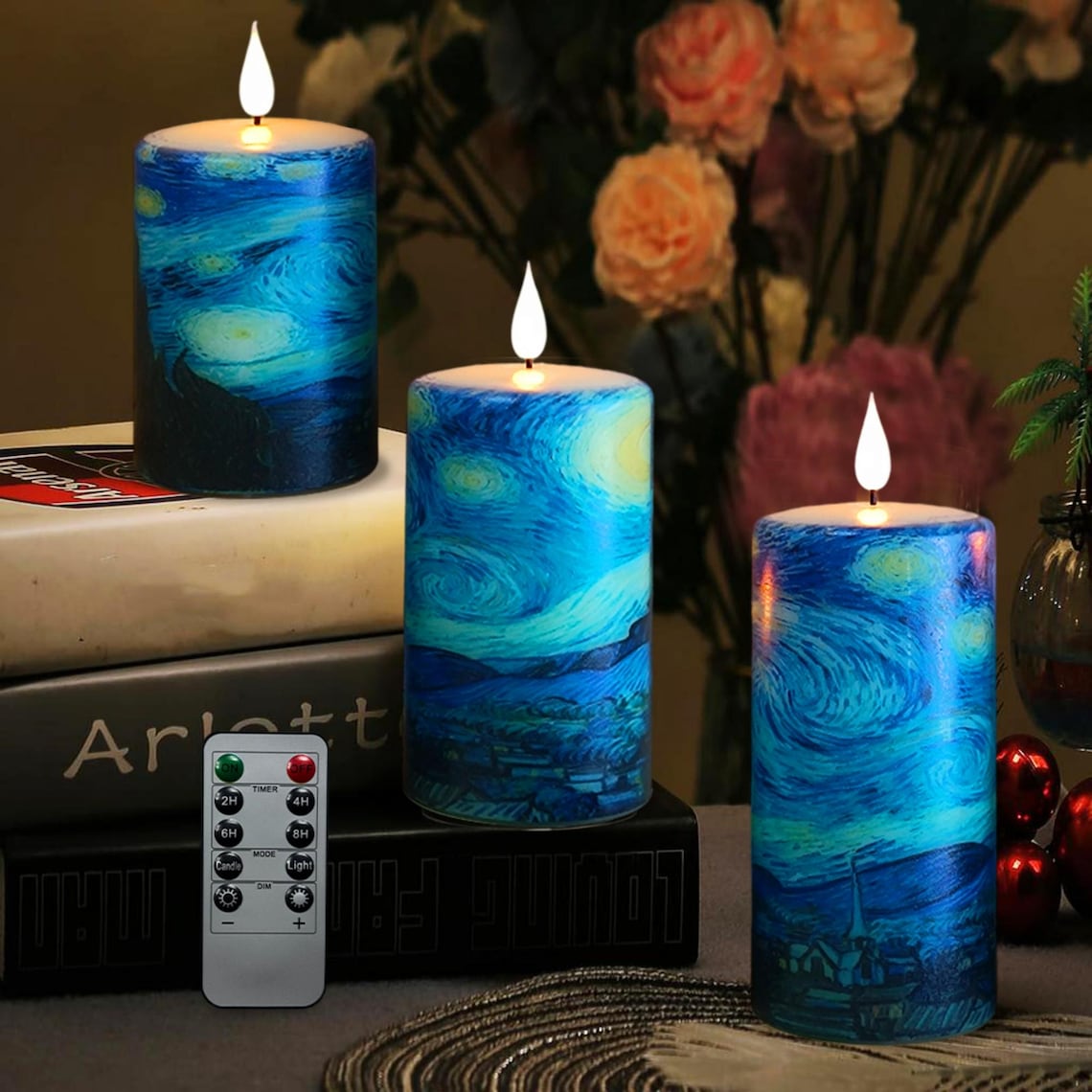 Van Gogh Starry Night Flameless Candles Set of 3,real Wax Remote ...