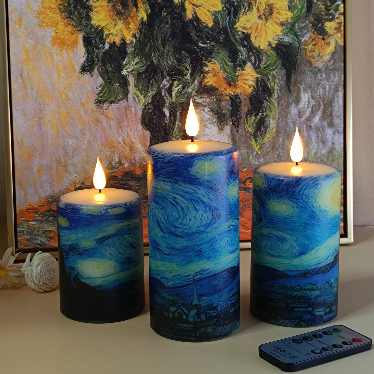 Van Gogh Starry Night Flameless Candles Set of 3,real Wax Remote ...