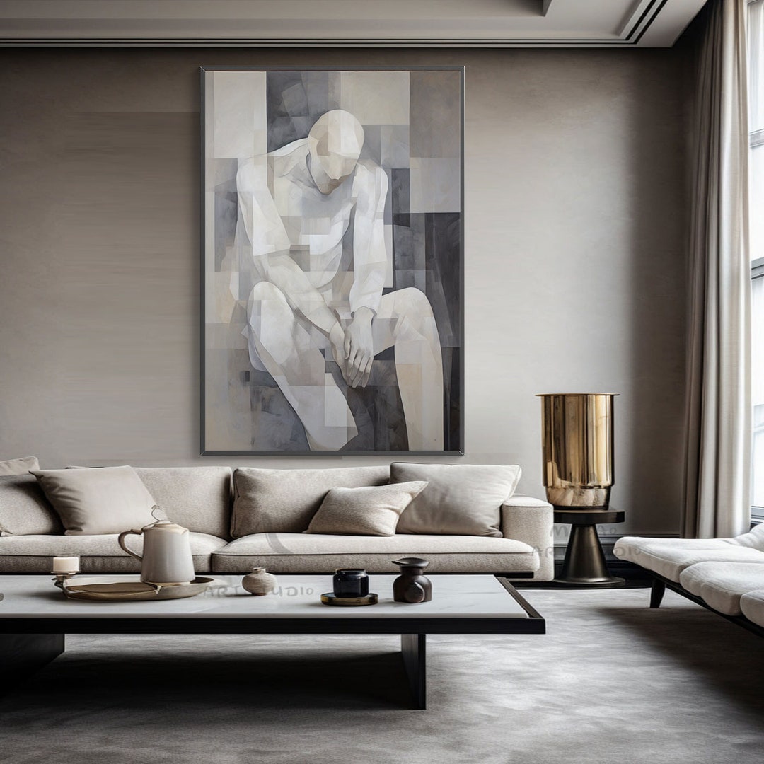 Man Sitting Pensive, Drawing in Cubic Hand Painted, Wall Decor Living ...