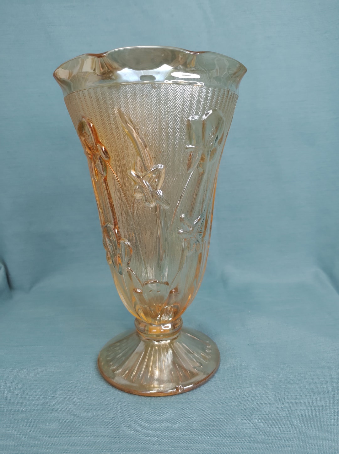 Peach Colored Carnival Glass Vase - Flower Pattern - Etsy