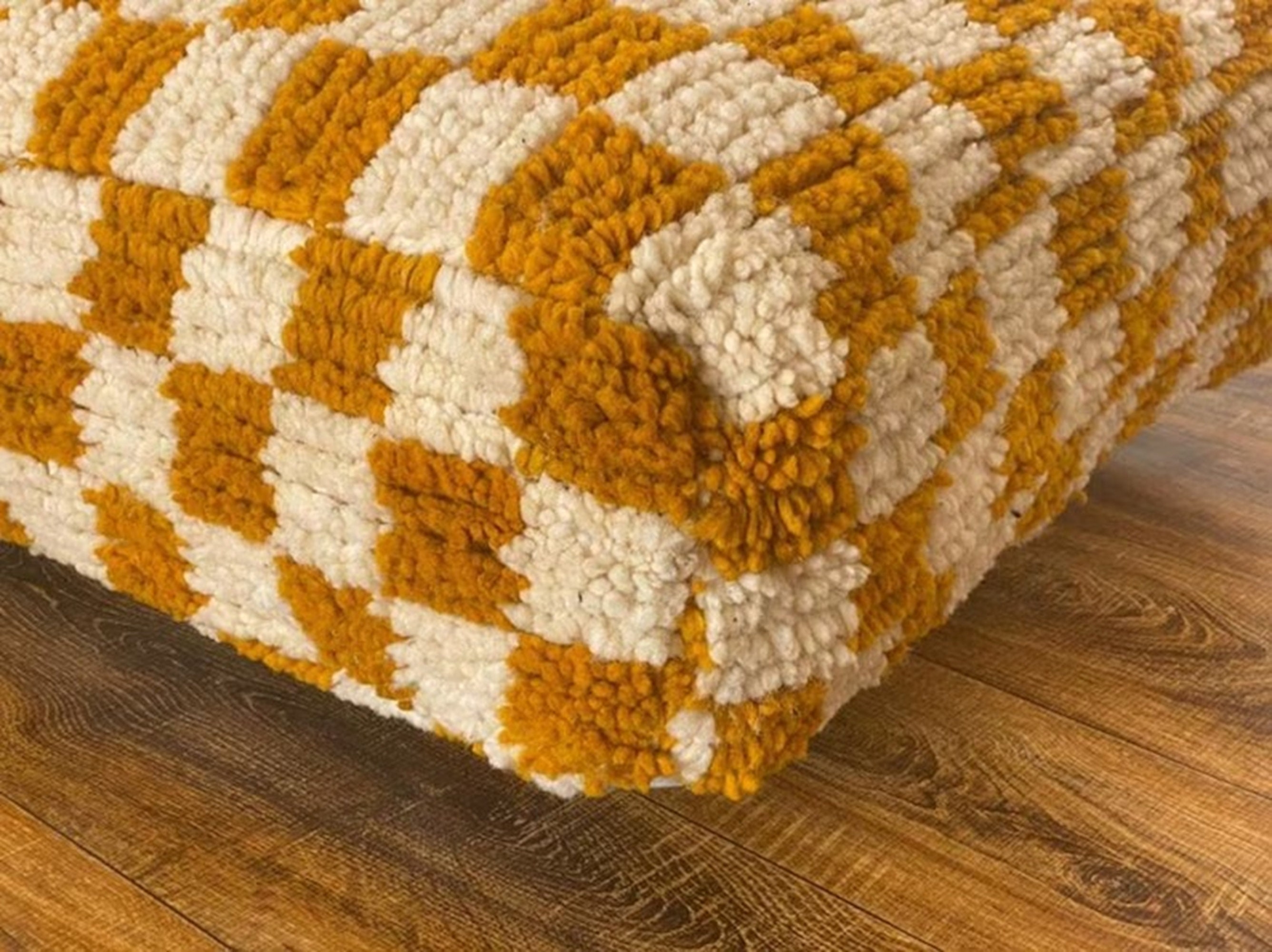 Yellow Moroccan Checkered Pouf, Yellow and White Pouf, Soft Moroccan ...