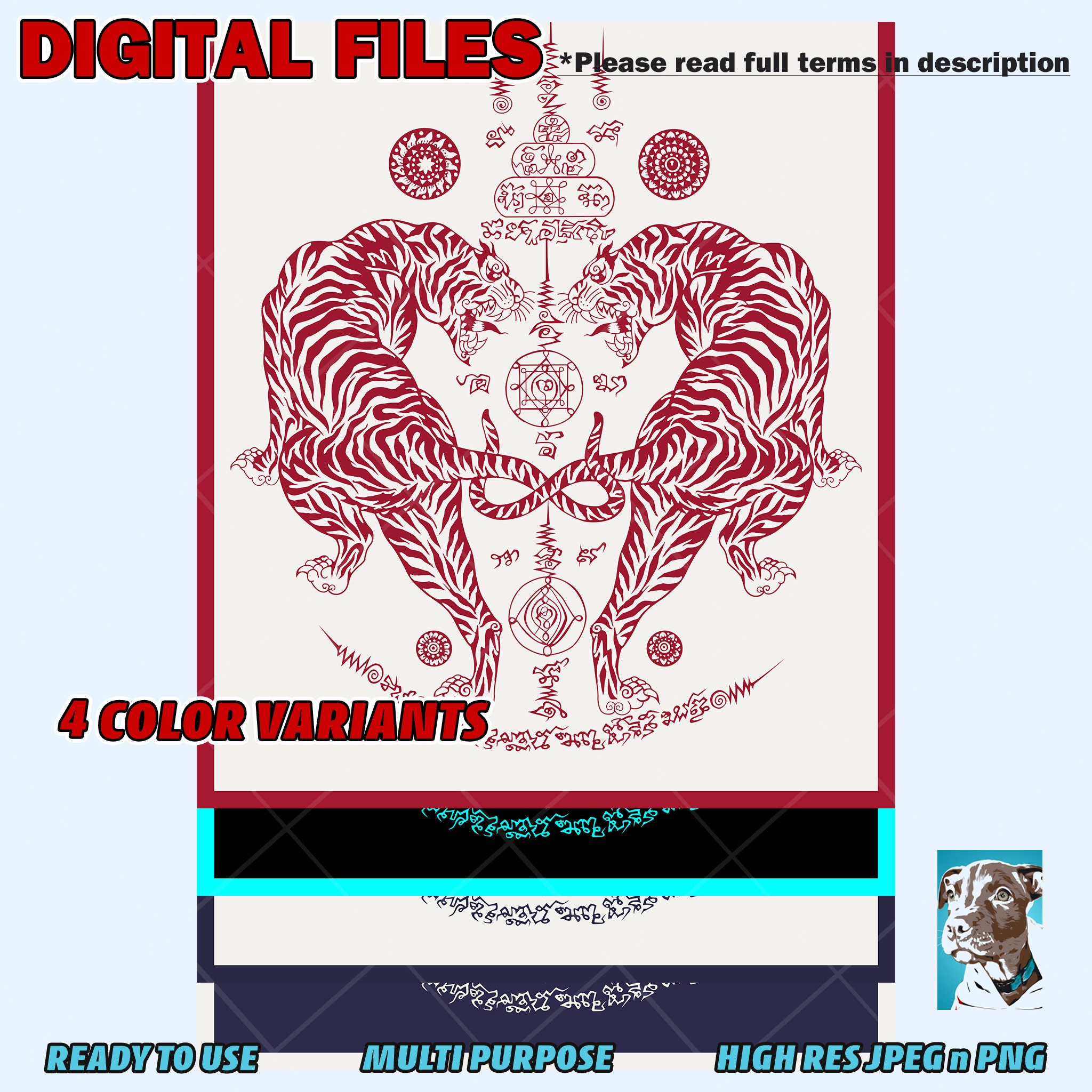 Sak Yant Tigers Matte Wall Art Yantra Twin Tigers Print Muay Magical ...