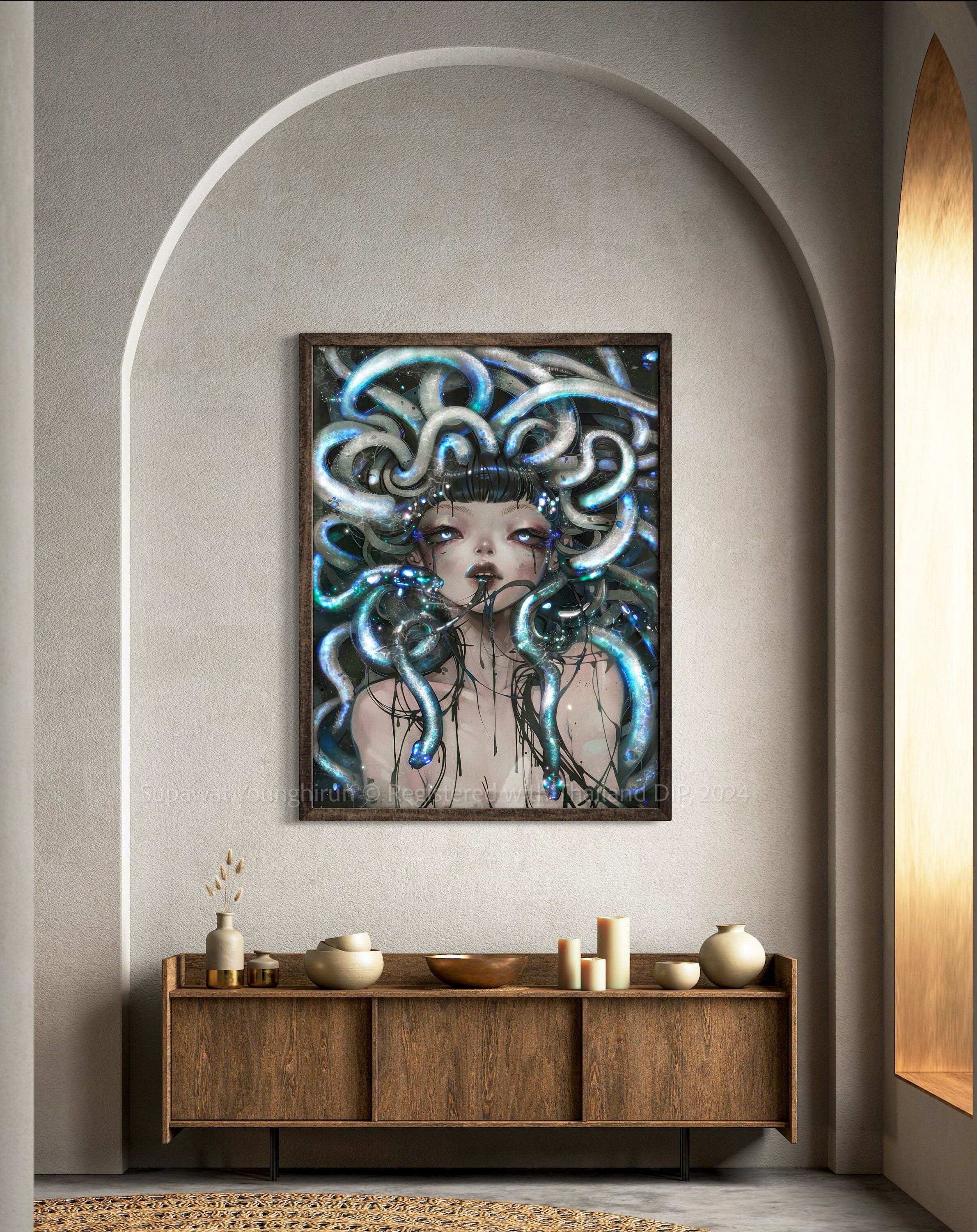 Digital Medusa Fantasy Art Print, Mythical Serpent Hair Woman, Surreal ...